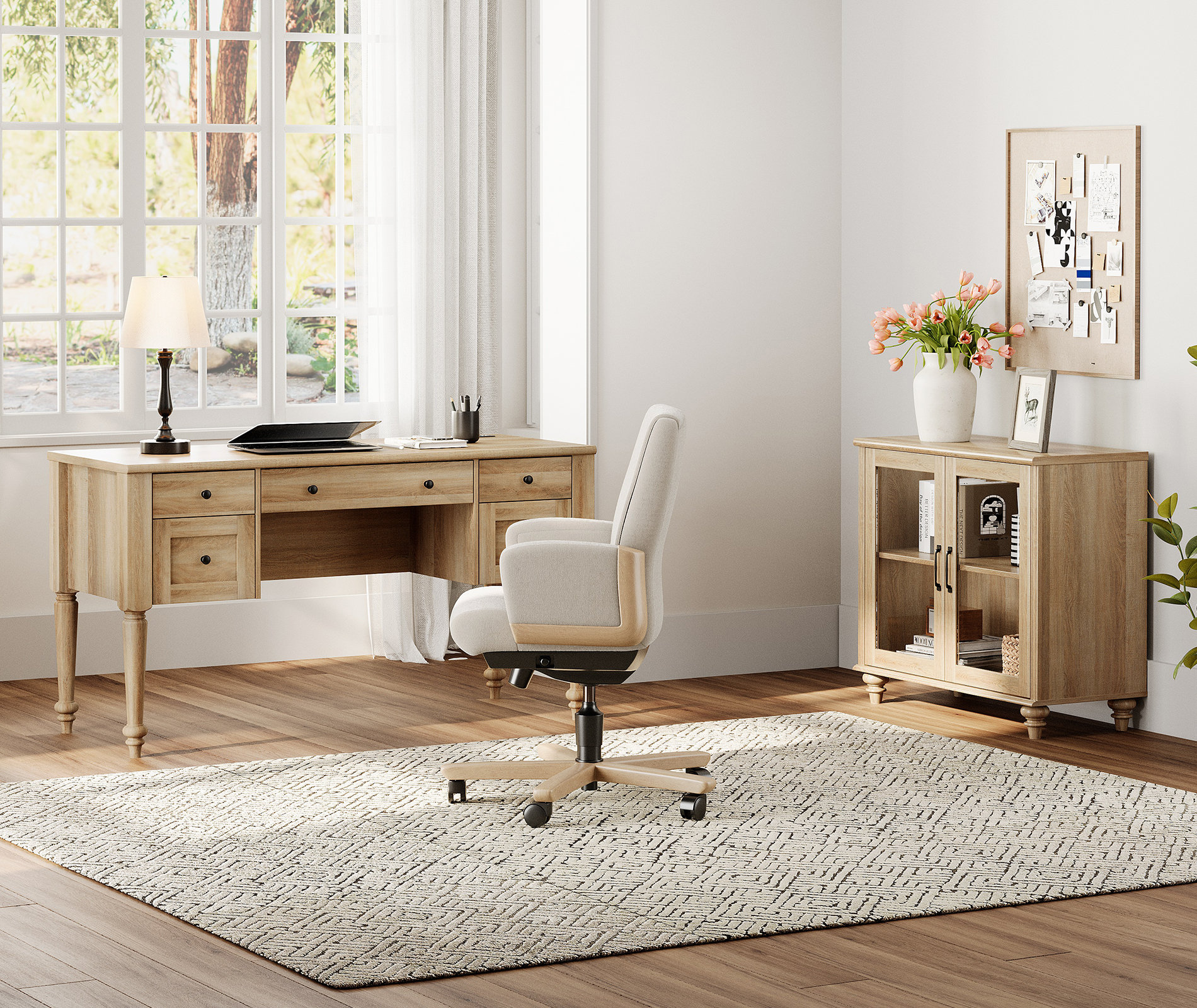 Winston Porter 2 Piece Office Set, 56" Executive Desk & Cabinet With Glass Door, Oak | Wayfair